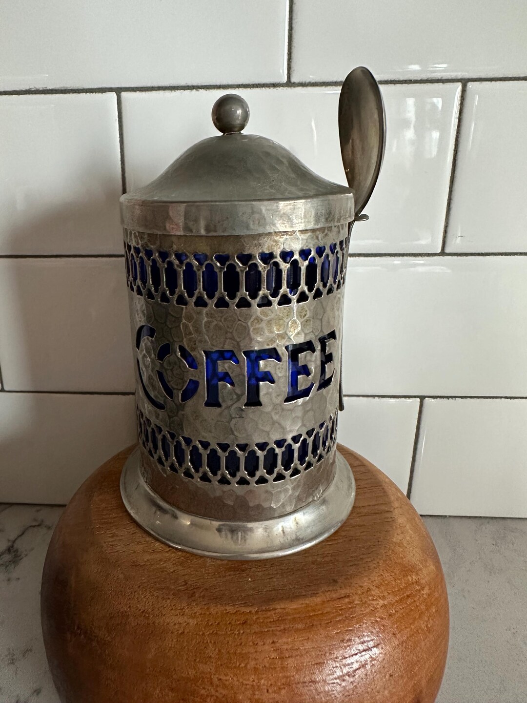 Vintage Sheffield England Coffee Canister With Lid Spoon Hammered ...
