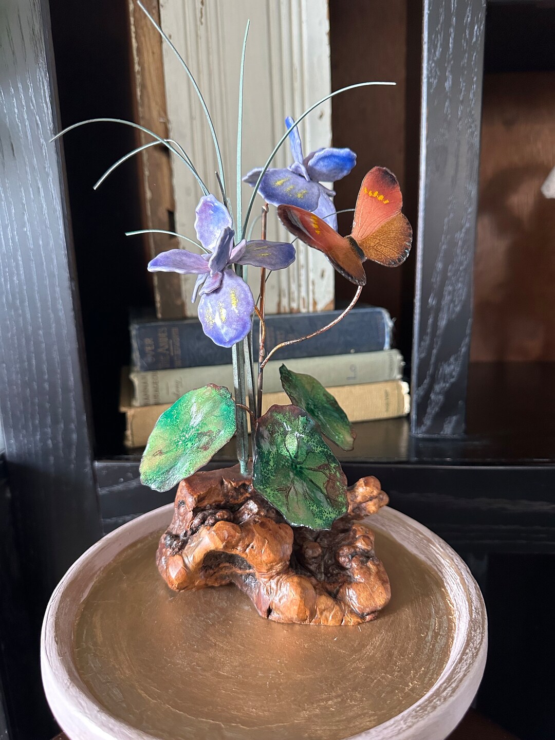 Real Burl Root Carving Natural Wood Metal Copper Sculpture Flower ...
