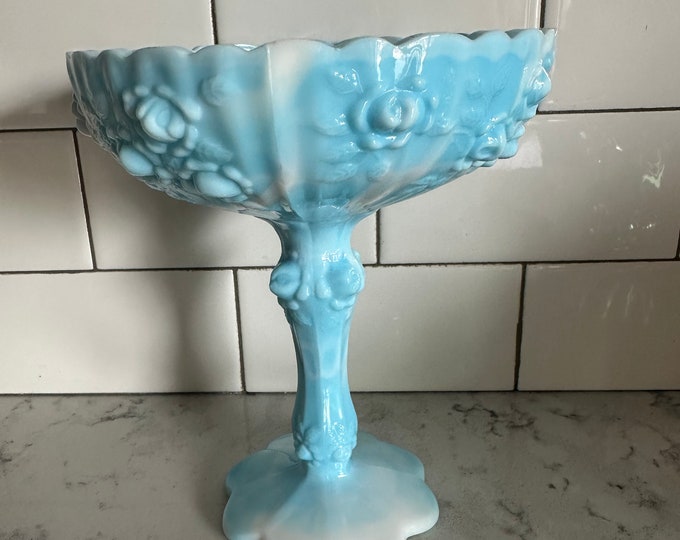 Vintage Fenton Glass Blue Slag Glass Cabbage Rose 7.5 Tall Footed ...