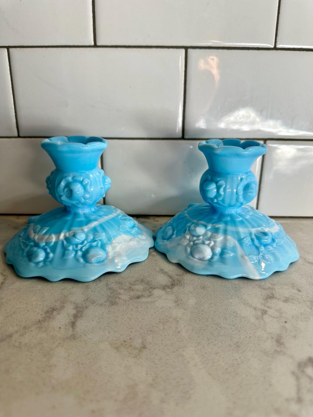 Vintage Fenton Cabbage Rose Blue Slag Glass Candle Sticks Holders a ...