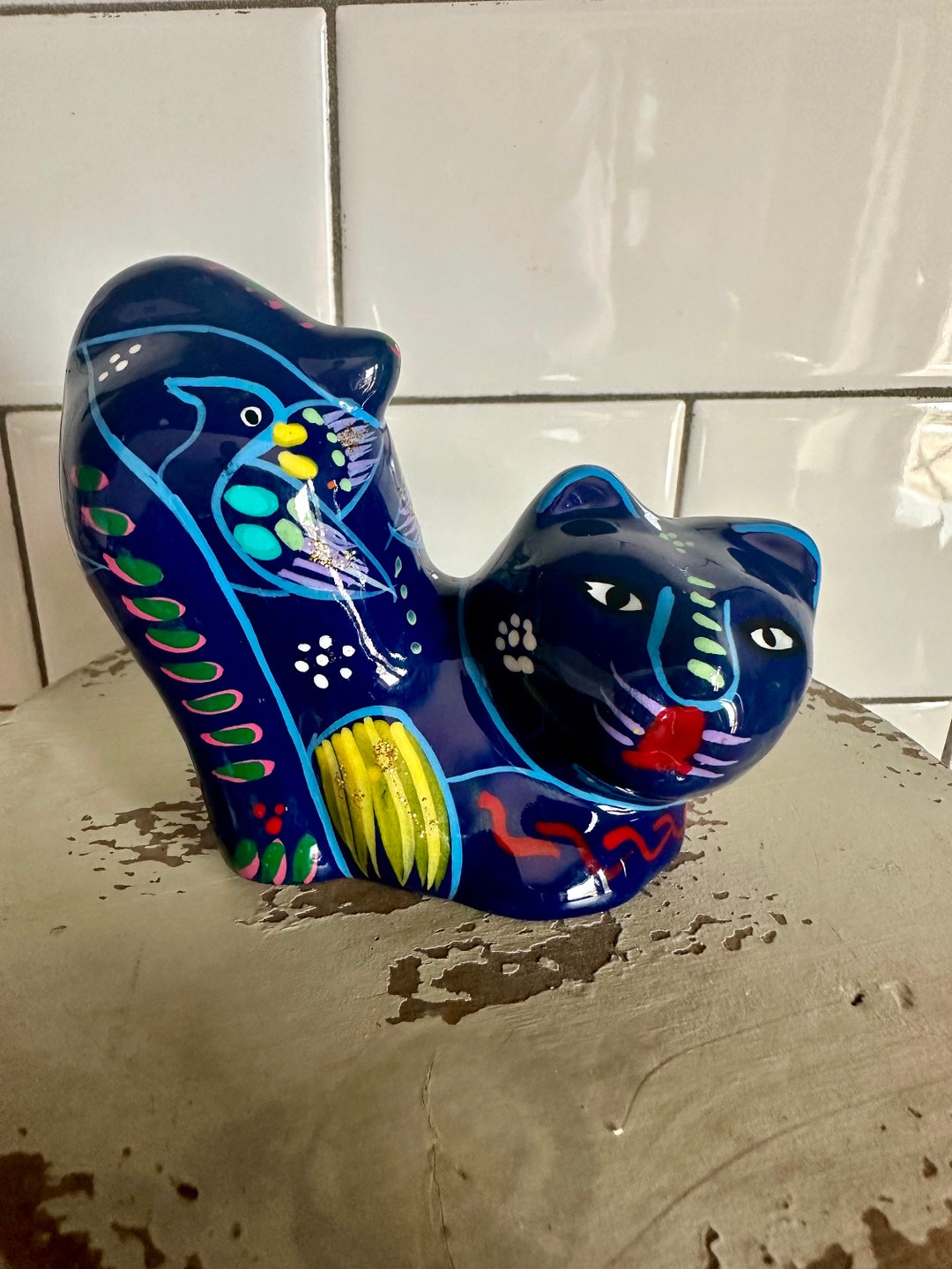 Mexican TALAVERA Pottery Blue Kitty Cat Figurine Folk Art - Etsy