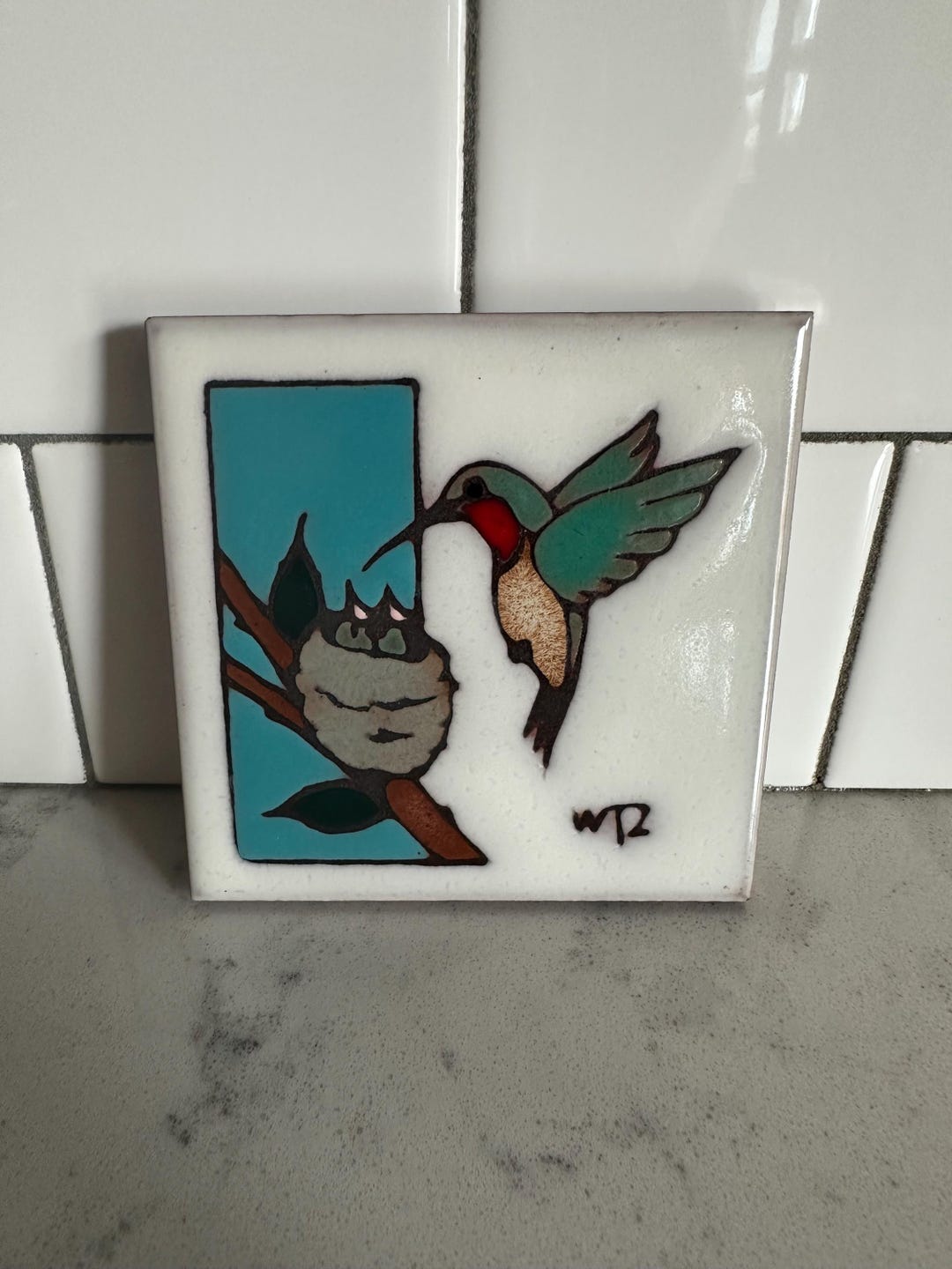 Hand Glazed Trivet Decorative Tile Hummingbird Nest Bird Flight WTZ 4x4 ...