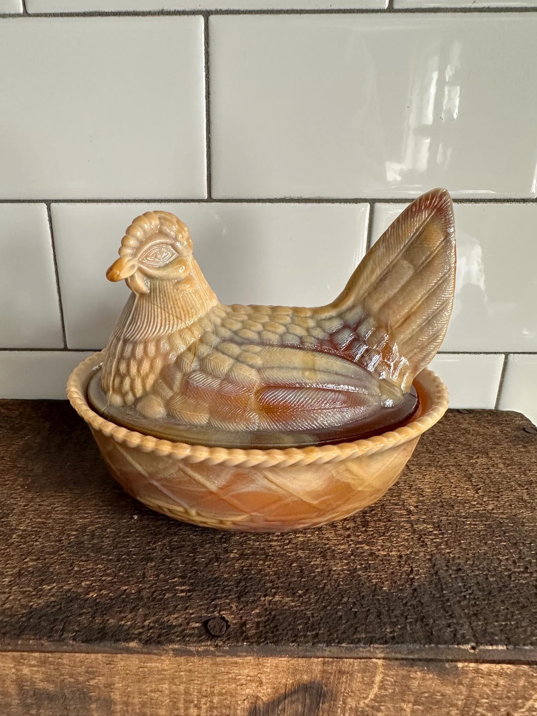 VTG Westmoreland Very RARE Butterscotch Slag Swirl Glass Hen on Nest 5. ...