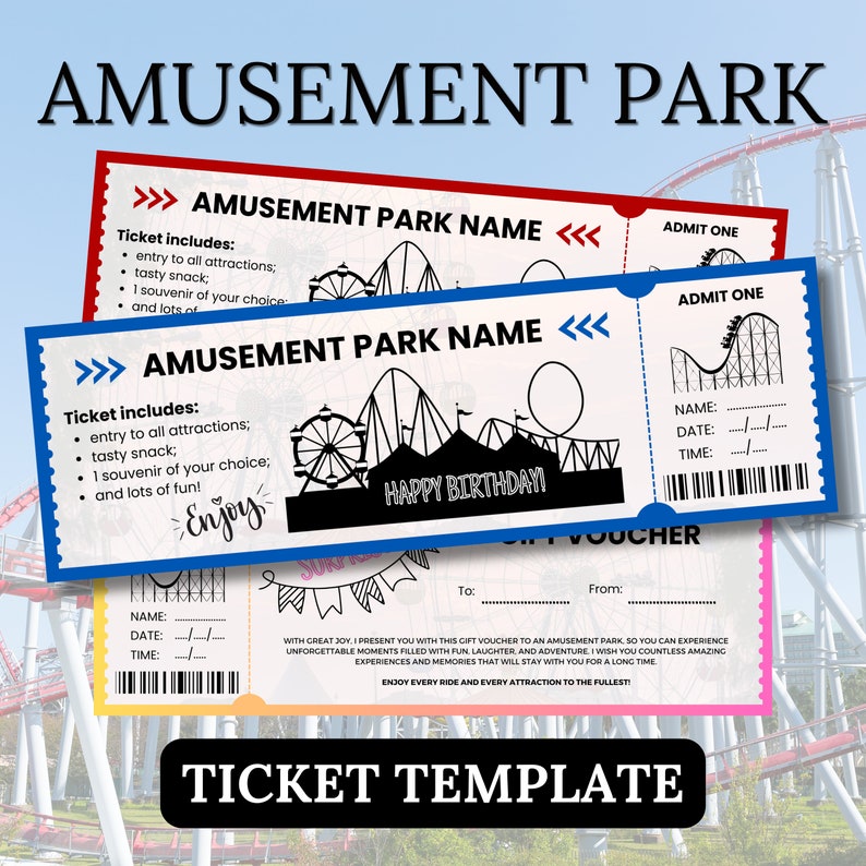Amusement Park Printable Ticket, Editable Birthday Invitation Gift Card ...