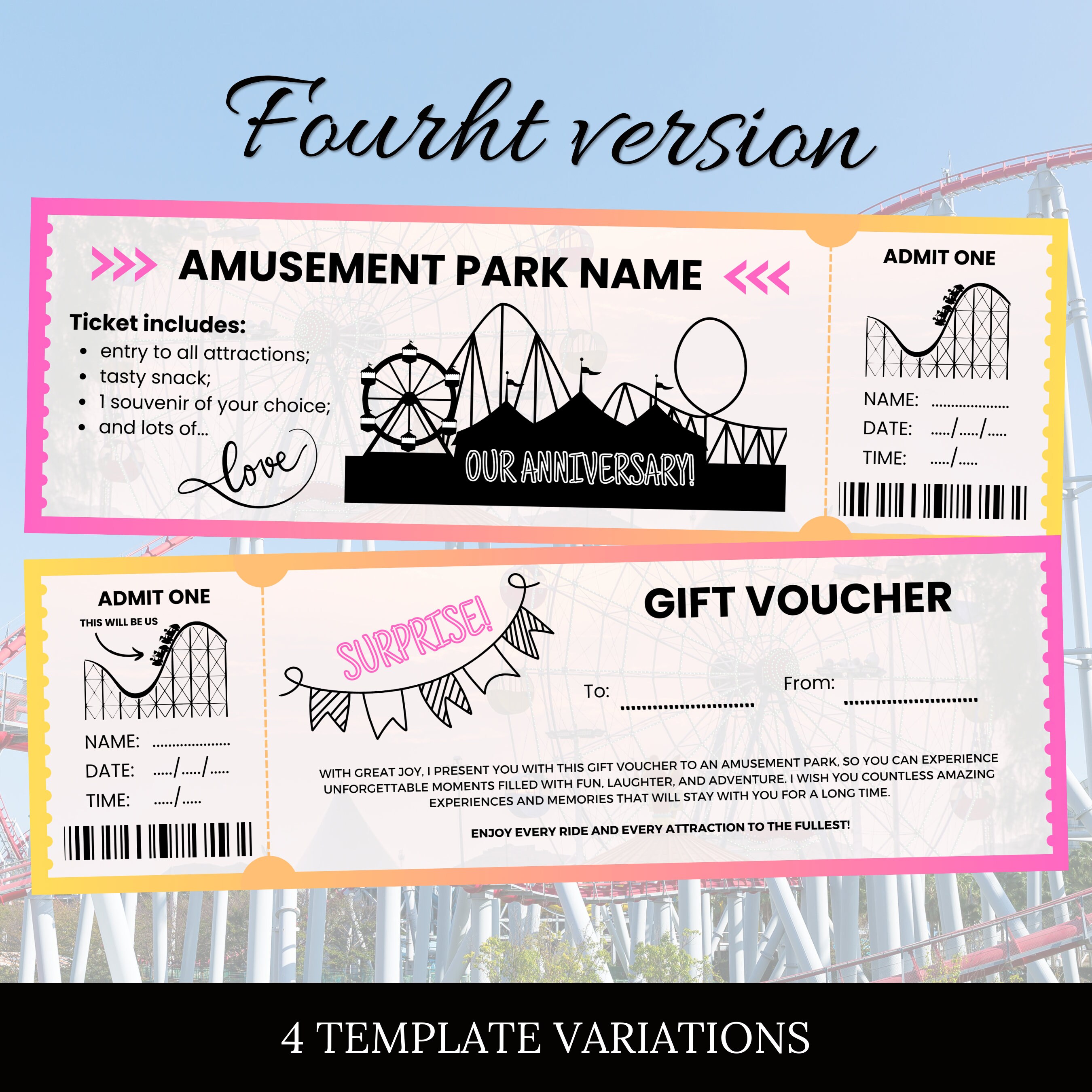 Amusement Park Printable Ticket, Editable Birthday Invitation Gift Card ...