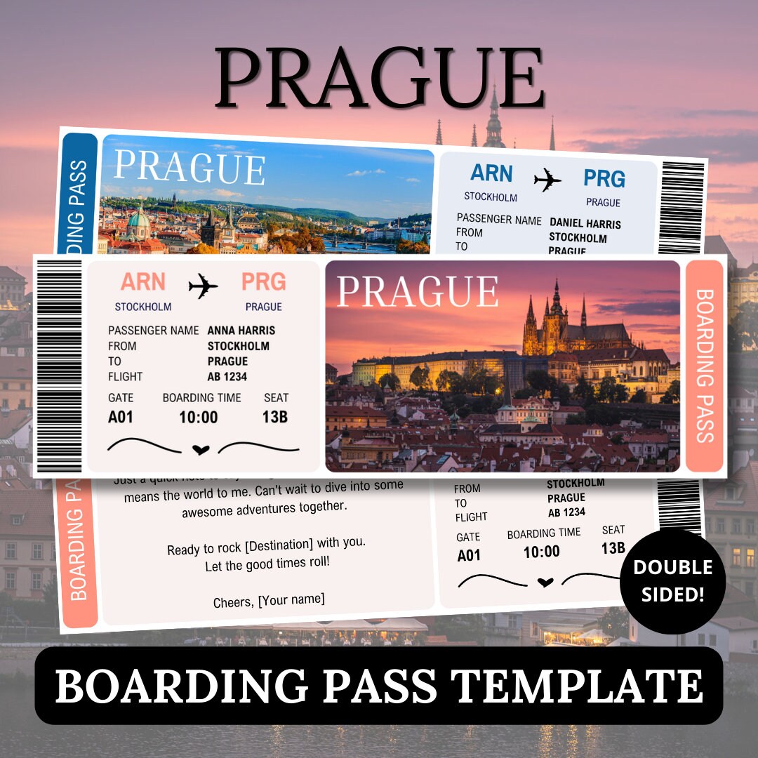 Prague Boarding Pass Template, Surprise Ticket for Partner, Canva ...
