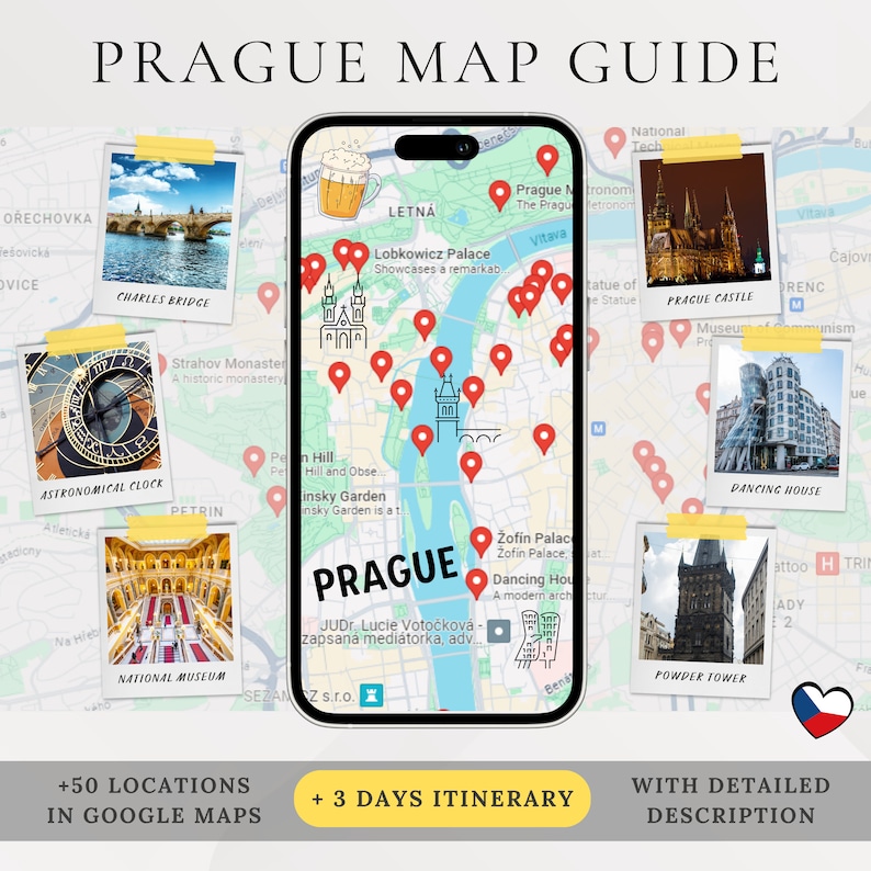 Prague City Map Guide and 3 Days Itinerary, Digital Planner Bundle for ...