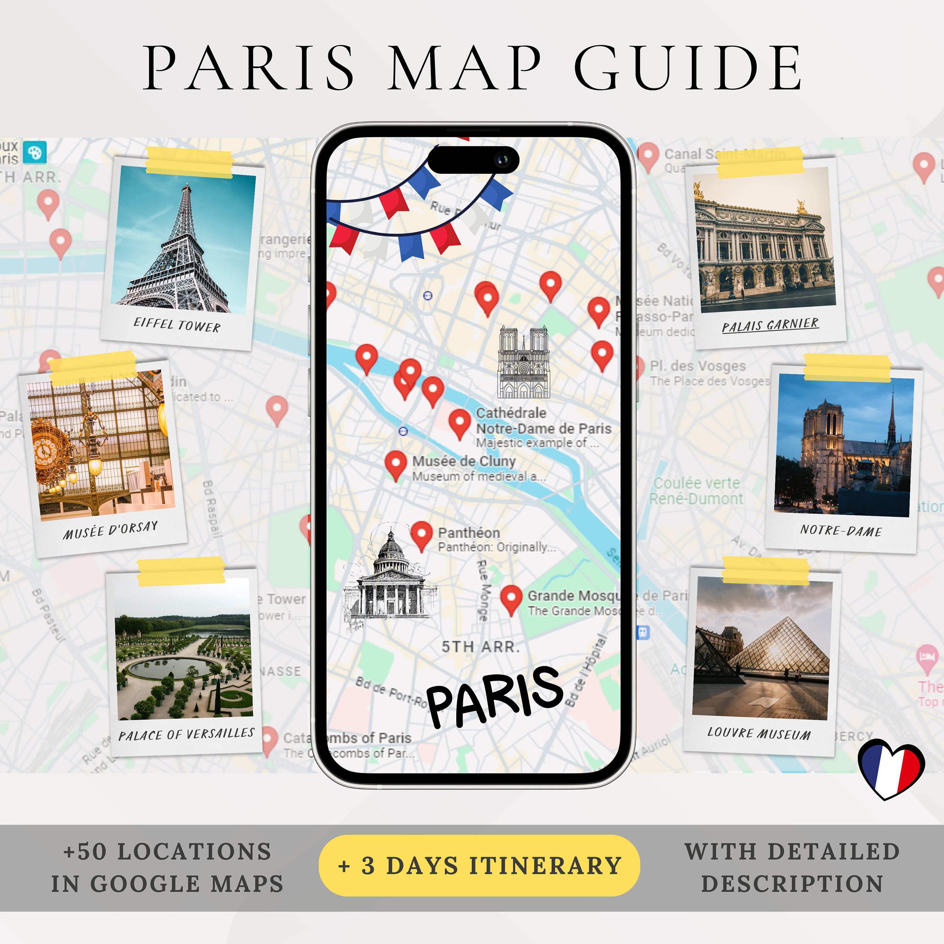 Paris City Map Guide and 3 Days Itinerary, Digital Planner Bundle for ...