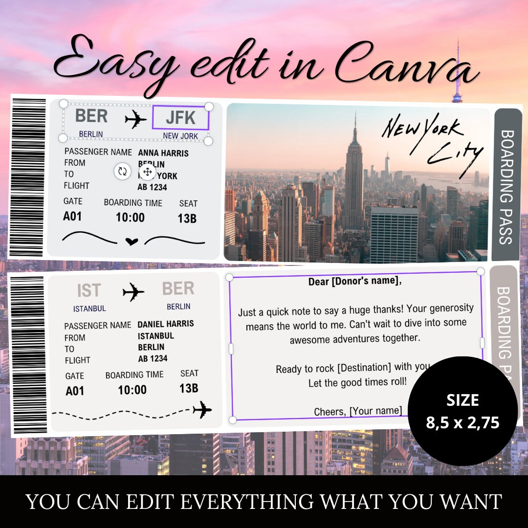 New York Boarding Pass Template, Surprise Ticket for Partner, Canva ...