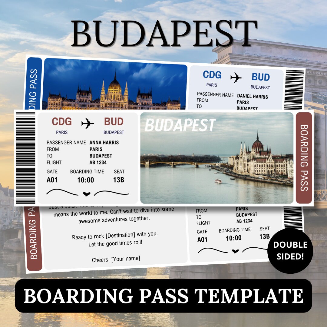Budapest Boarding Pass Template, Surprise Ticket for Partner, Canva Editable Gift Plane Travel ...