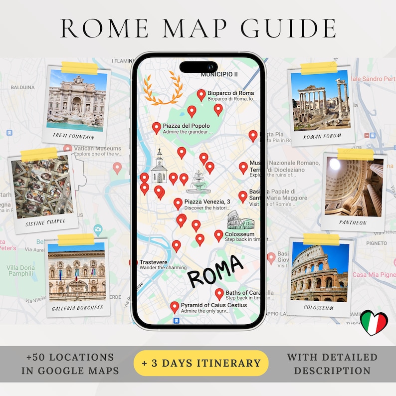 Rome City Map Guide and 3 Days Itinerary, Digital Planner Bundle for ...