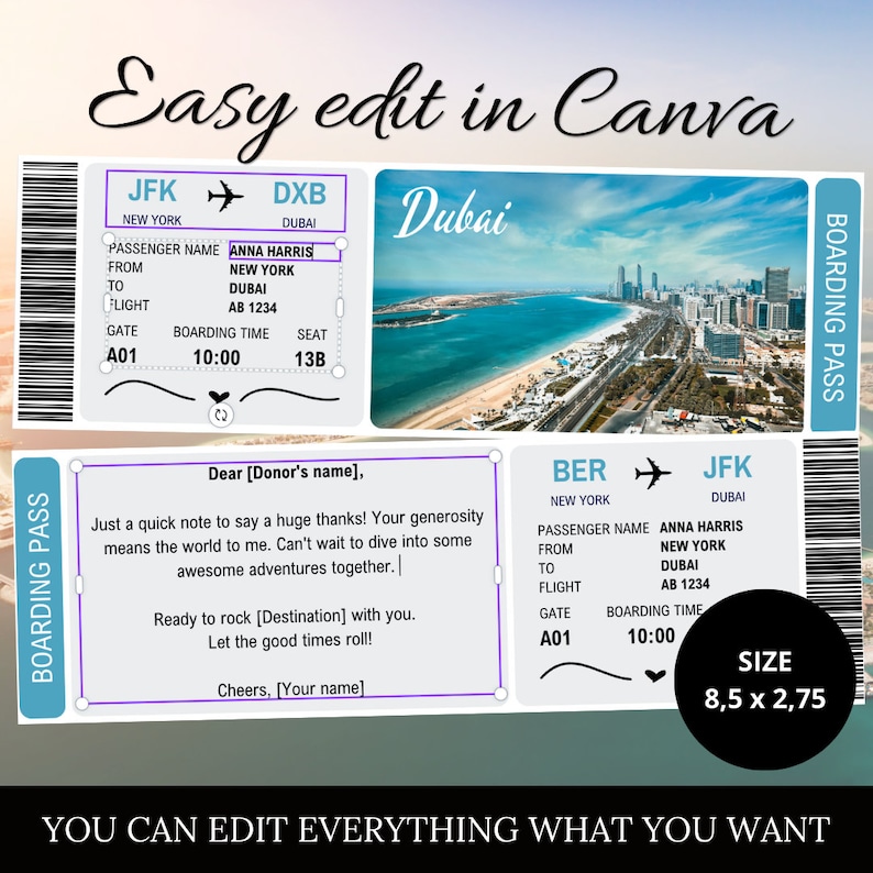 Dubai Boarding Pass Template, Surprise Ticket for Partner, Canva ...