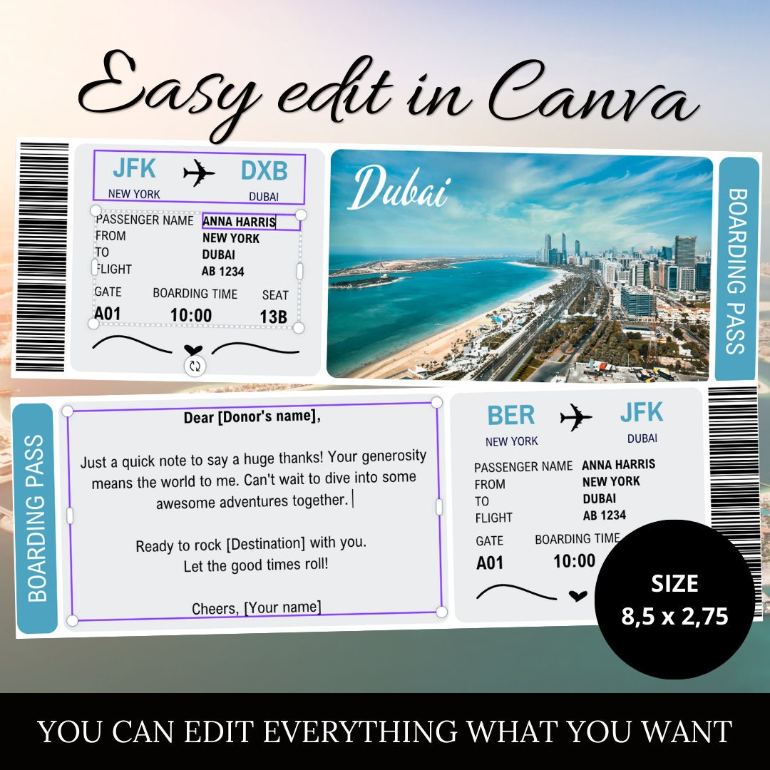 Dubai Boarding Pass Template, Surprise Ticket for Partner, Canva ...