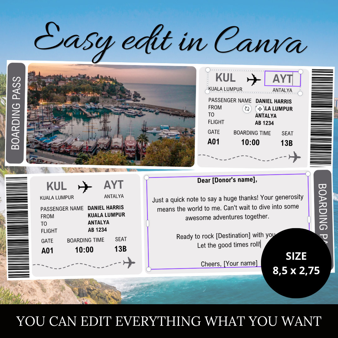 Antalya Boarding Pass Template, Surprise Ticket for Partner, Canva ...