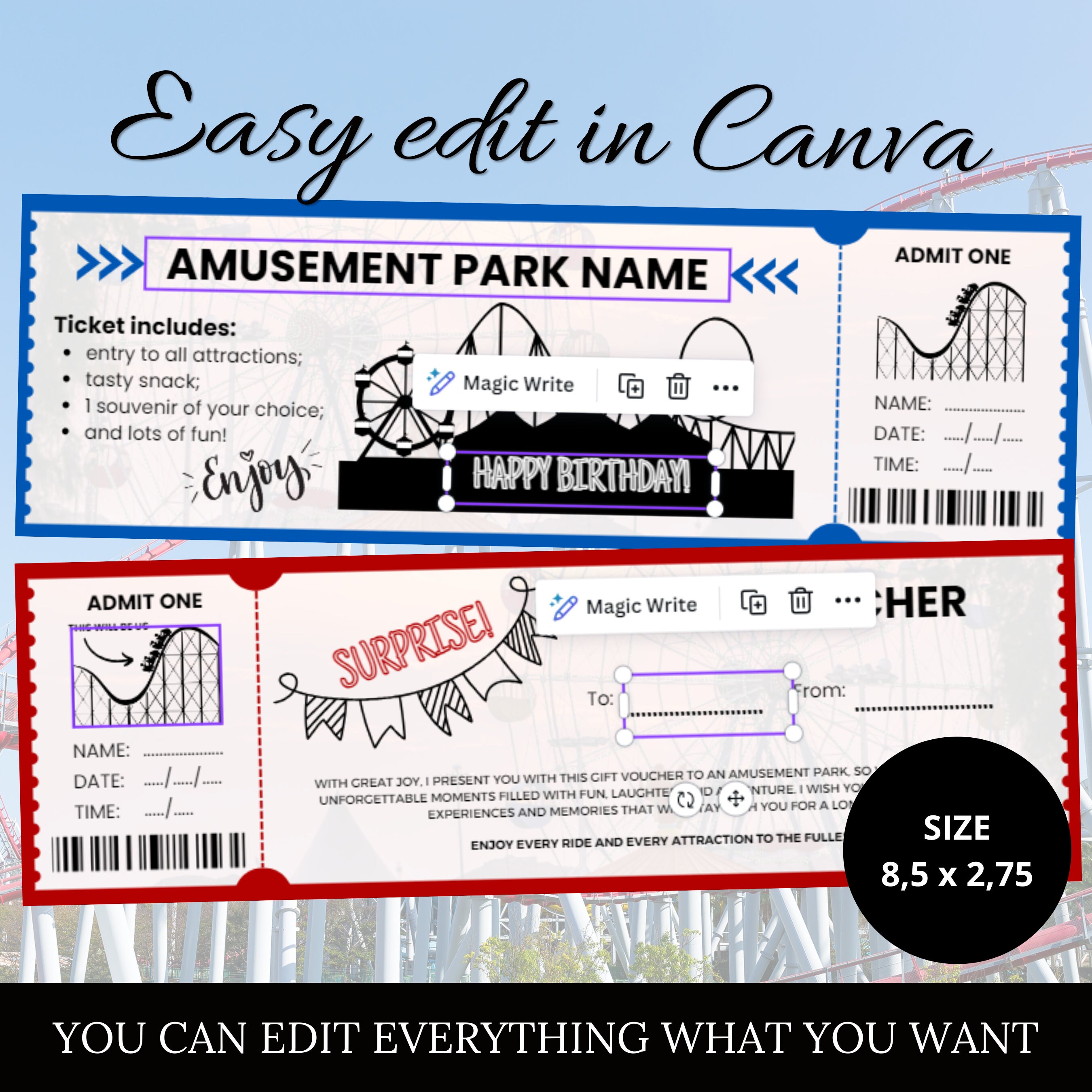 Amusement Park Printable Ticket, Editable Birthday Invitation Gift Card ...