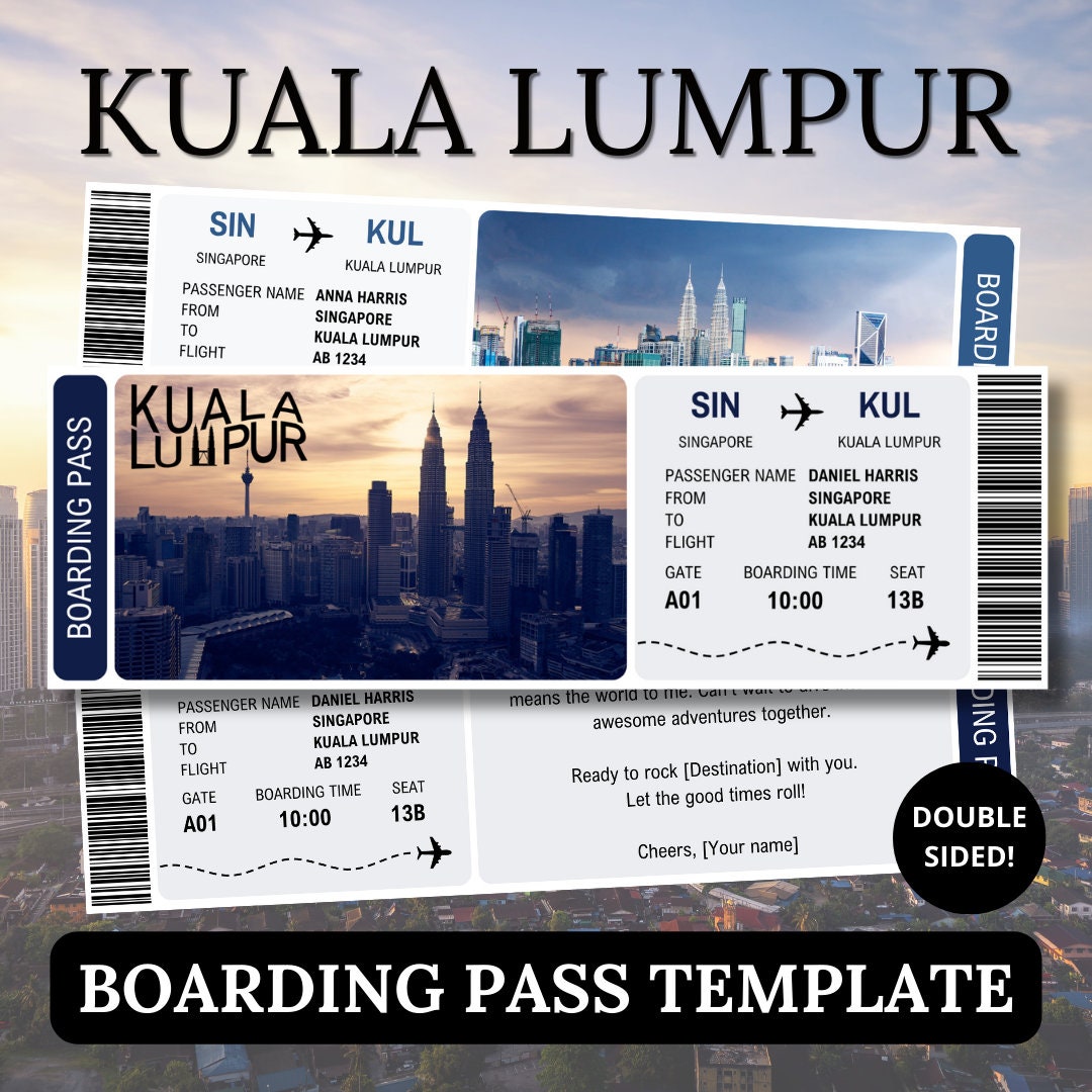 Kuala Lumpur Boarding Pass Template, Surprise Ticket for Partner, Canva ...