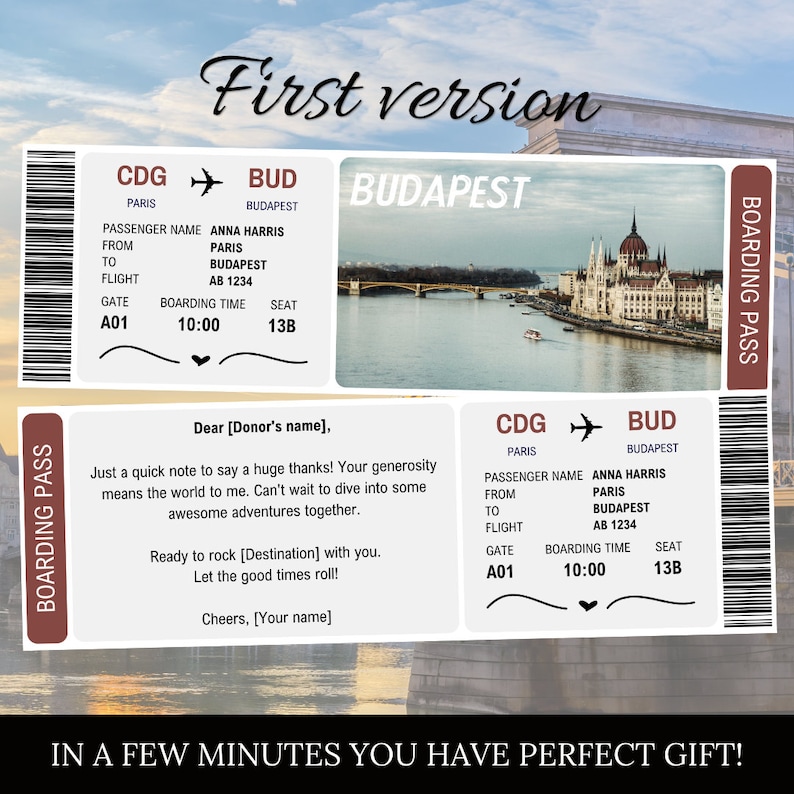 Budapest Boarding Pass Template, Surprise Ticket for Partner, Canva Editable Gift Plane Travel ...