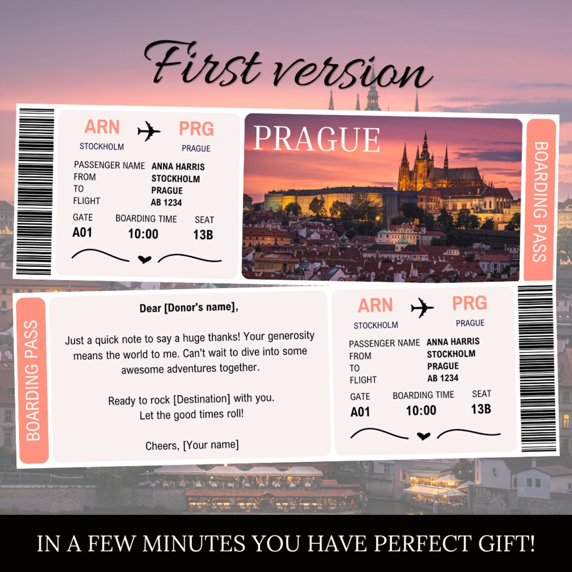 Prague Boarding Pass Template, Surprise Ticket for Partner, Canva ...