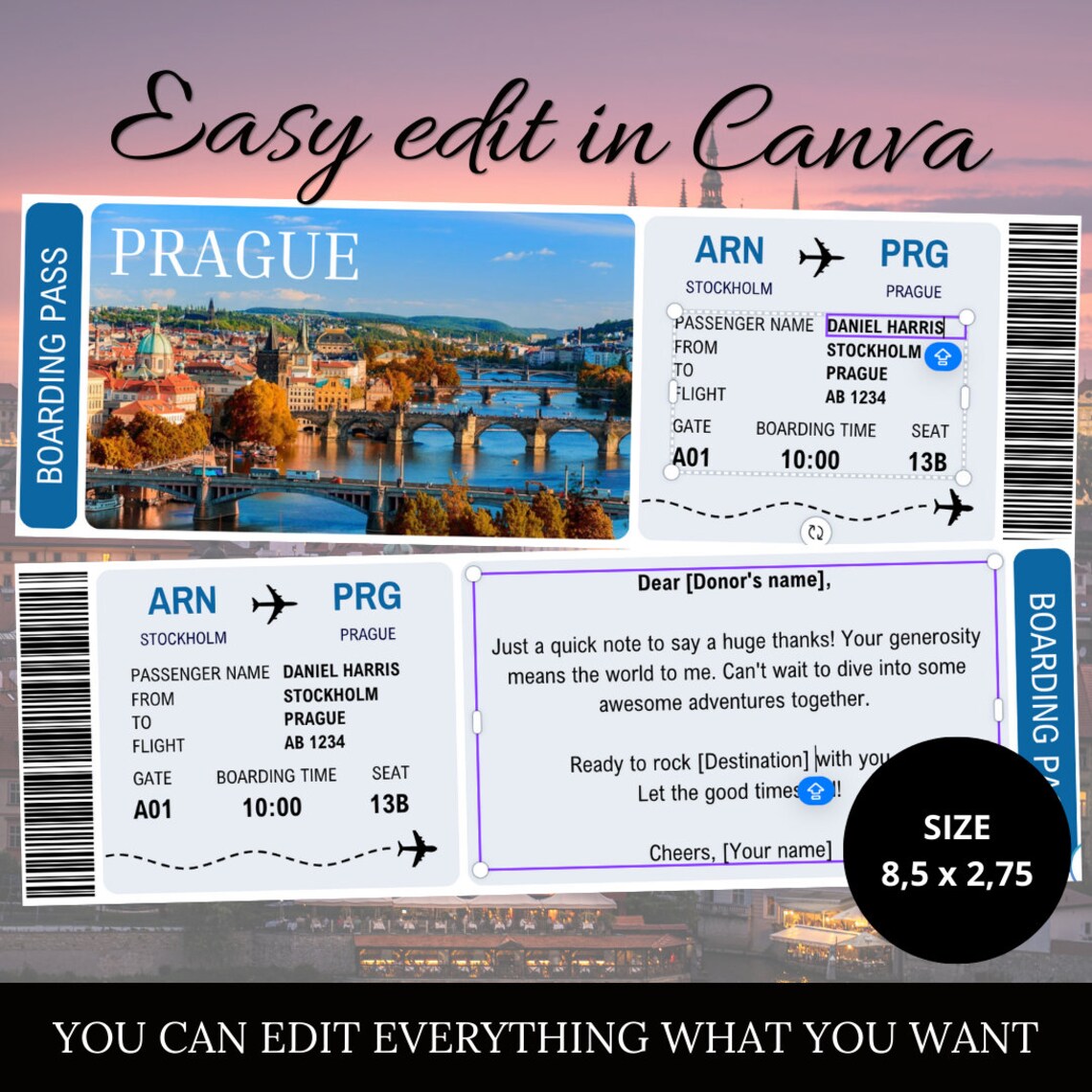Prague Boarding Pass Template, Surprise Ticket for Partner, Canva ...