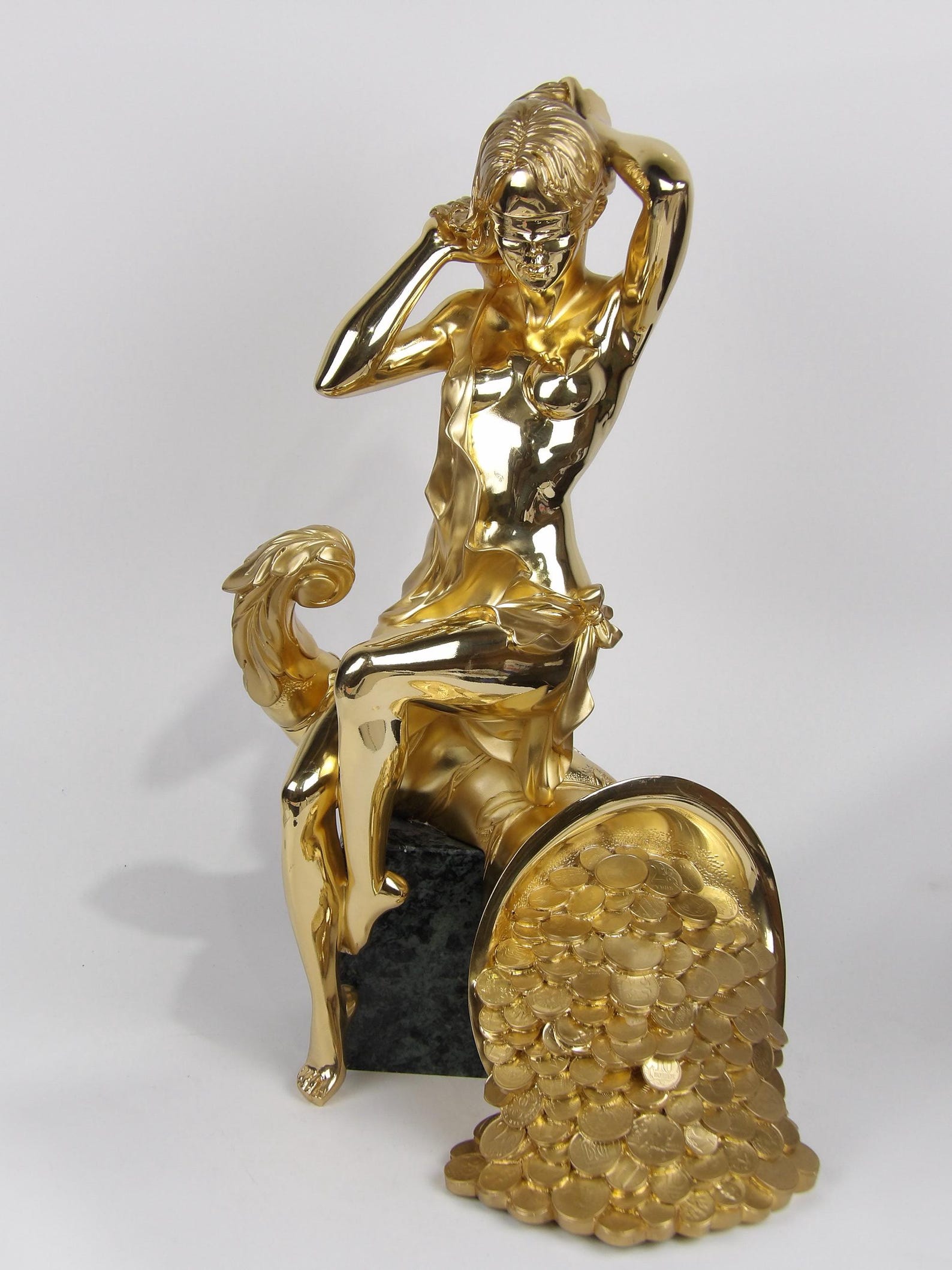 Golden-coated Resin 'lady Luck' Sculpture on Green Marble Base ...