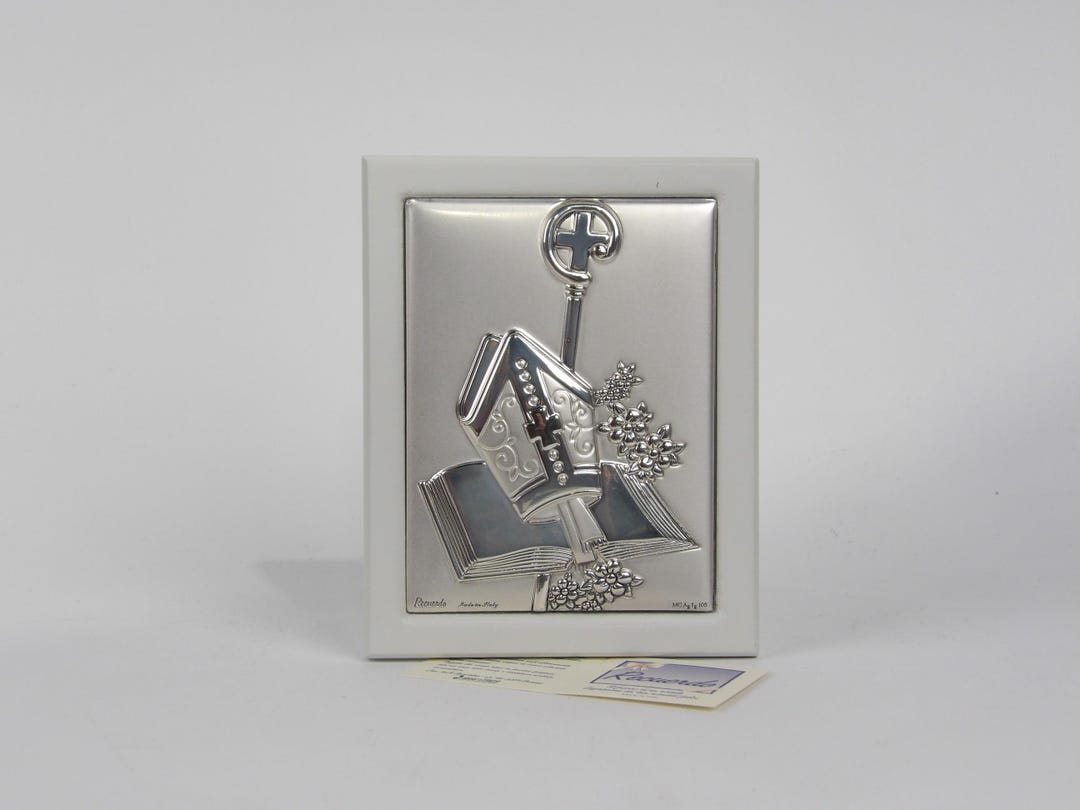 Holy Icon With Cross and Book – Laminated Silver on White Wood Base - Etsy