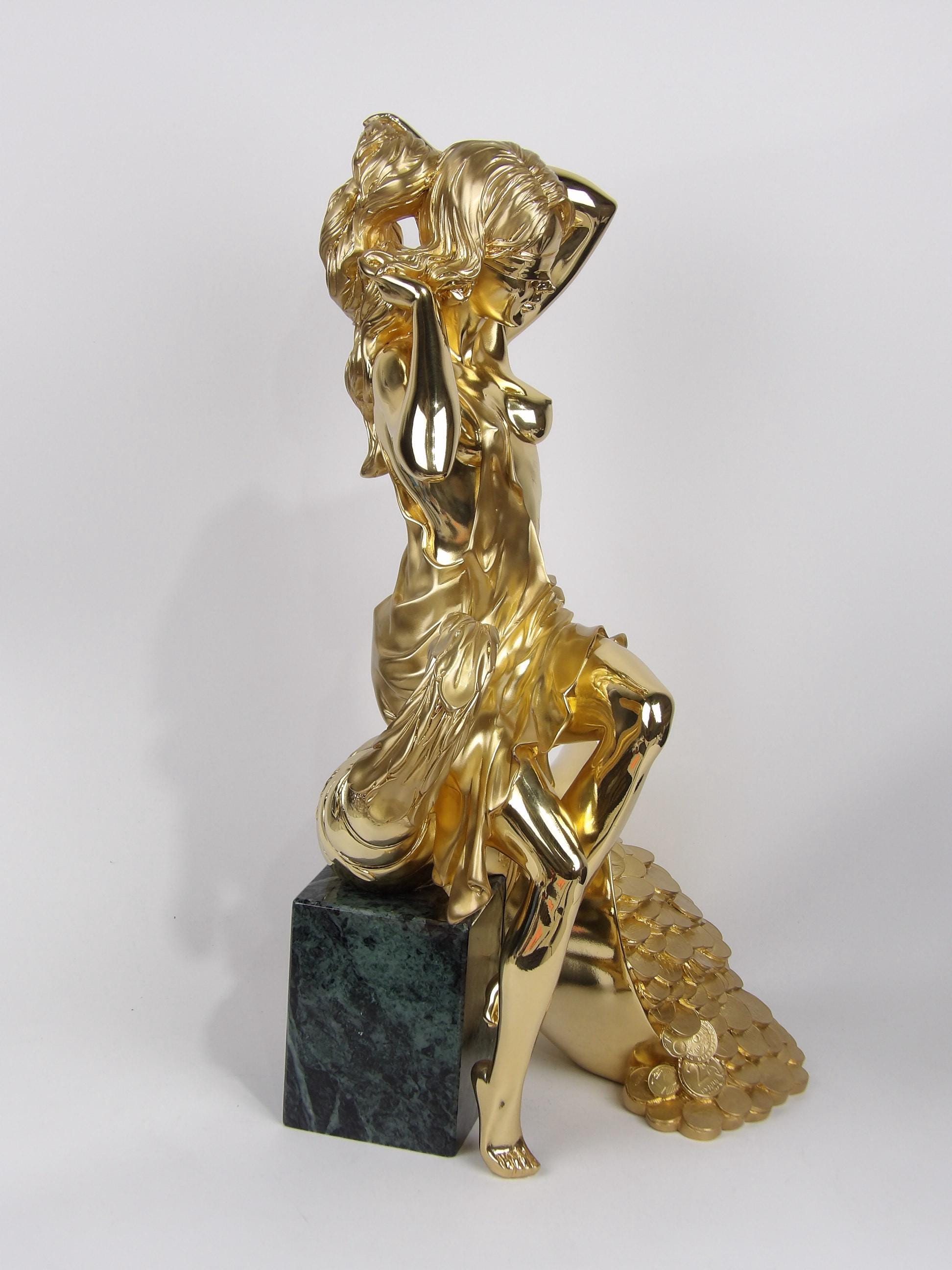 Golden-coated Resin 'lady Luck' Sculpture on Green Marble Base ...