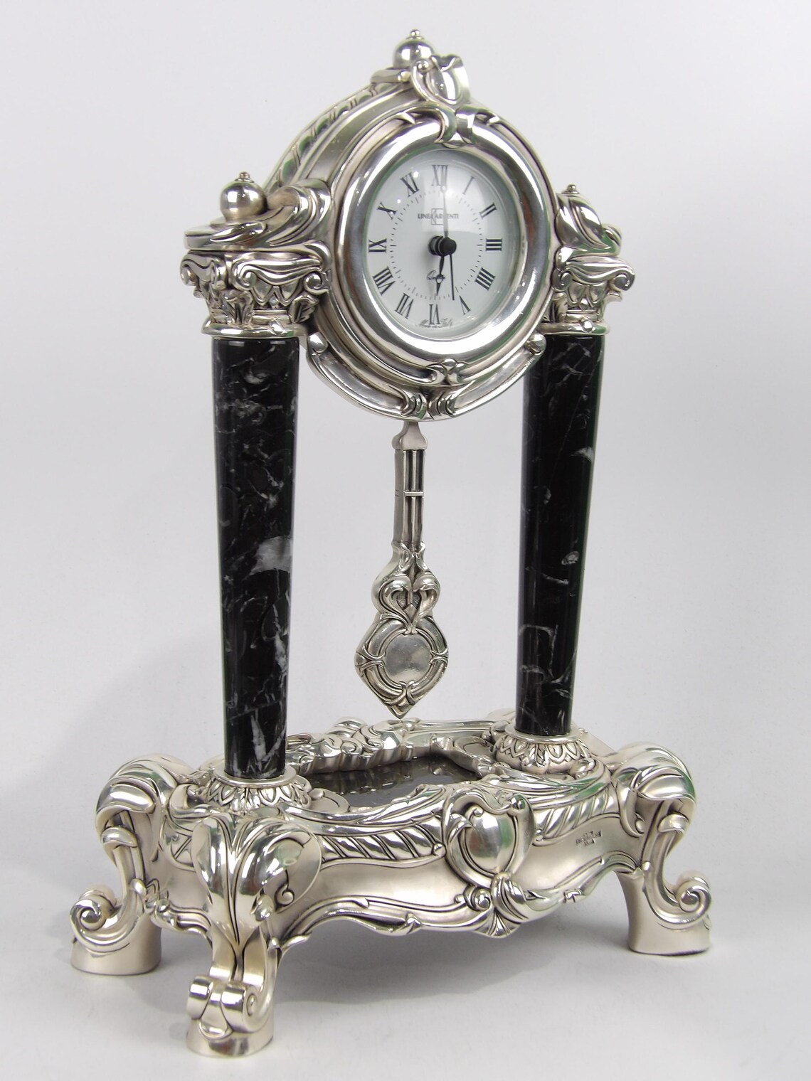 Pendulum Table Clock in Silver Resin With Black Marble – Empire Style ...