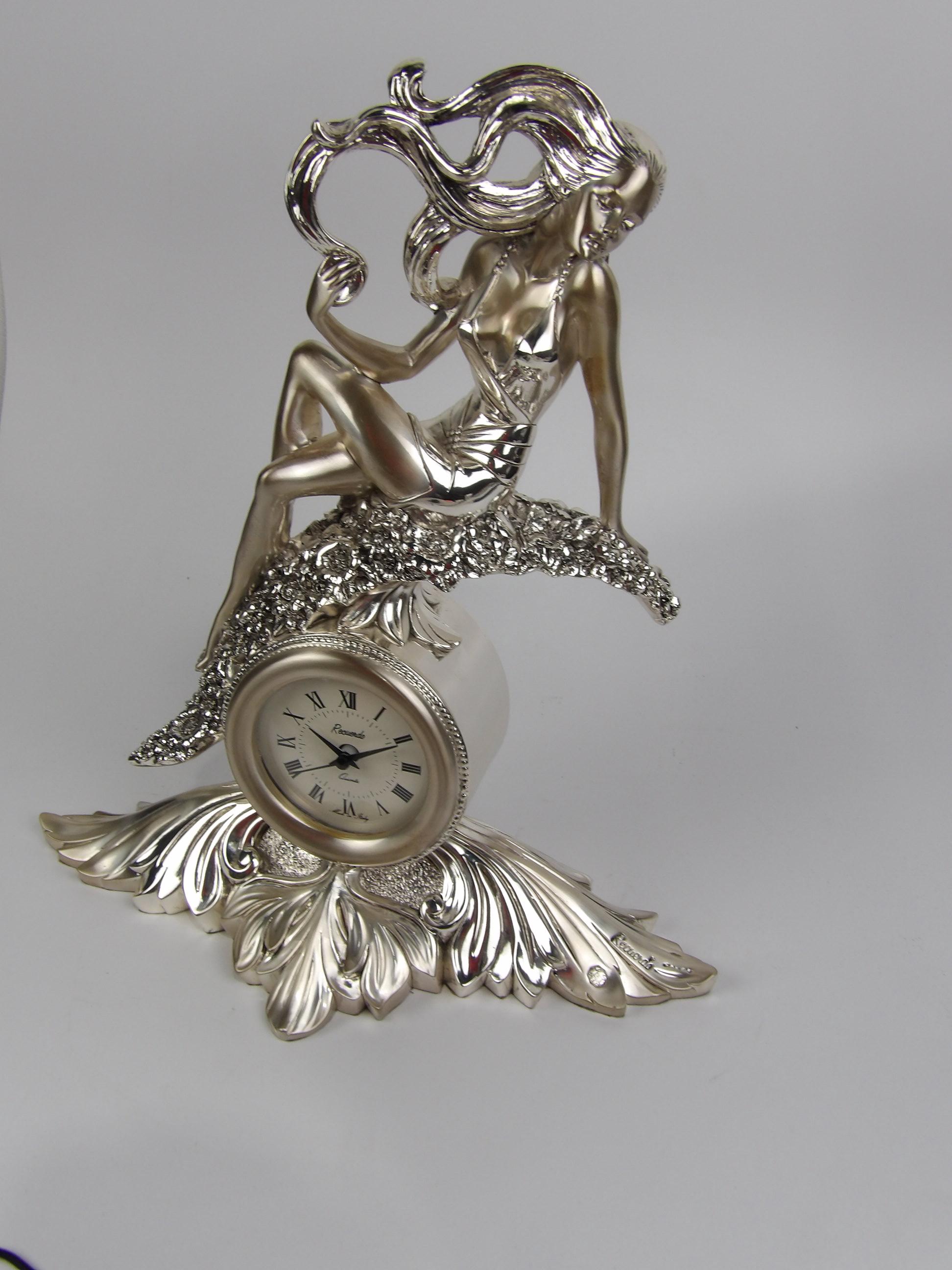 Silver-coated Resin Clock - Woman Sitting on Flowers: A Blend of Art ...