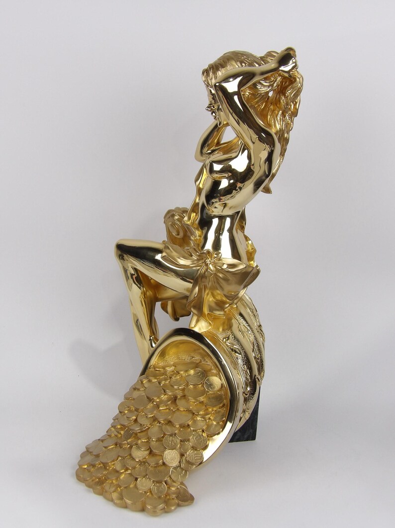 Golden-coated Resin 'lady Luck' Sculpture on Green Marble Base ...