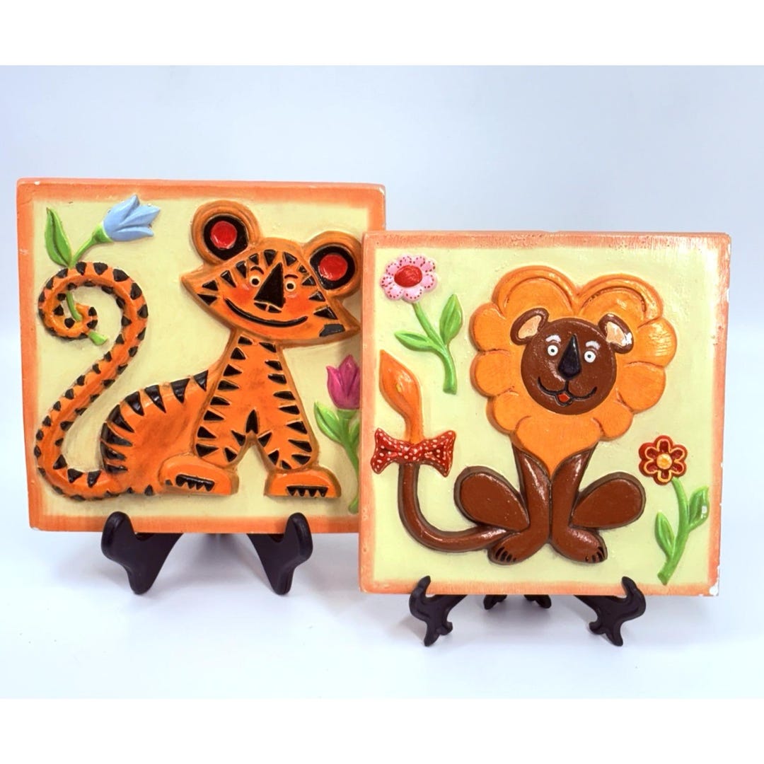 Vintage Chalkware Plaques Lion Tiger Flowers 2 Pc 8" Set 3D Child Baby ...
