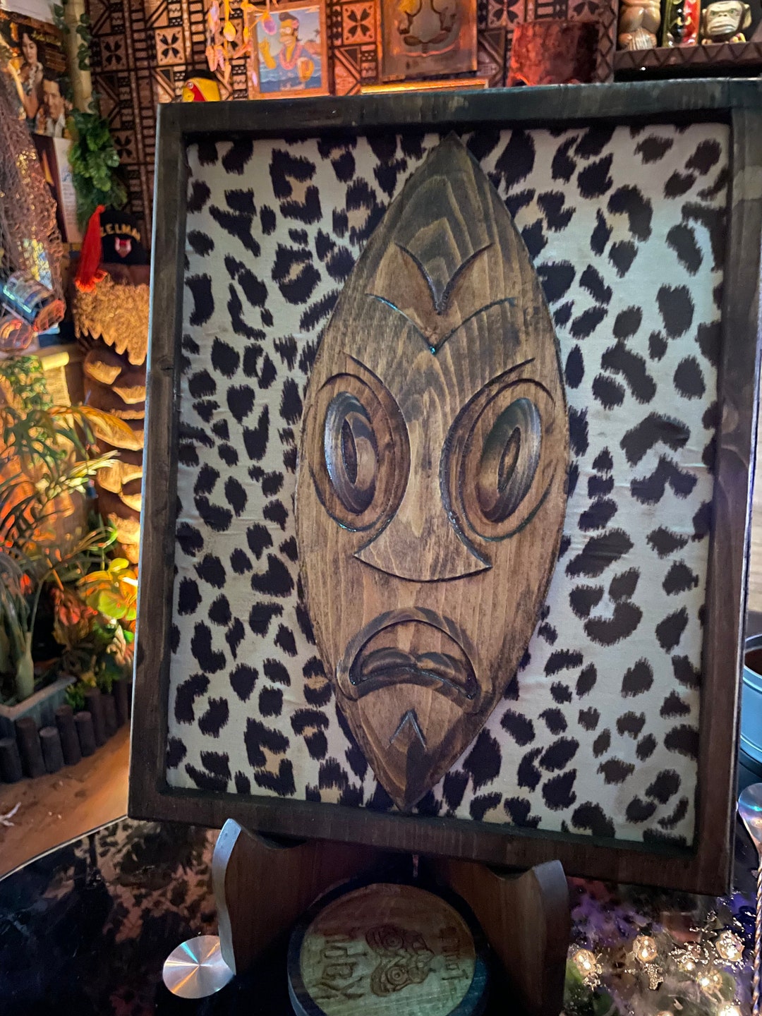 Unique Carved Tiki Mask Framed on Leopard Print Cloth - Etsy