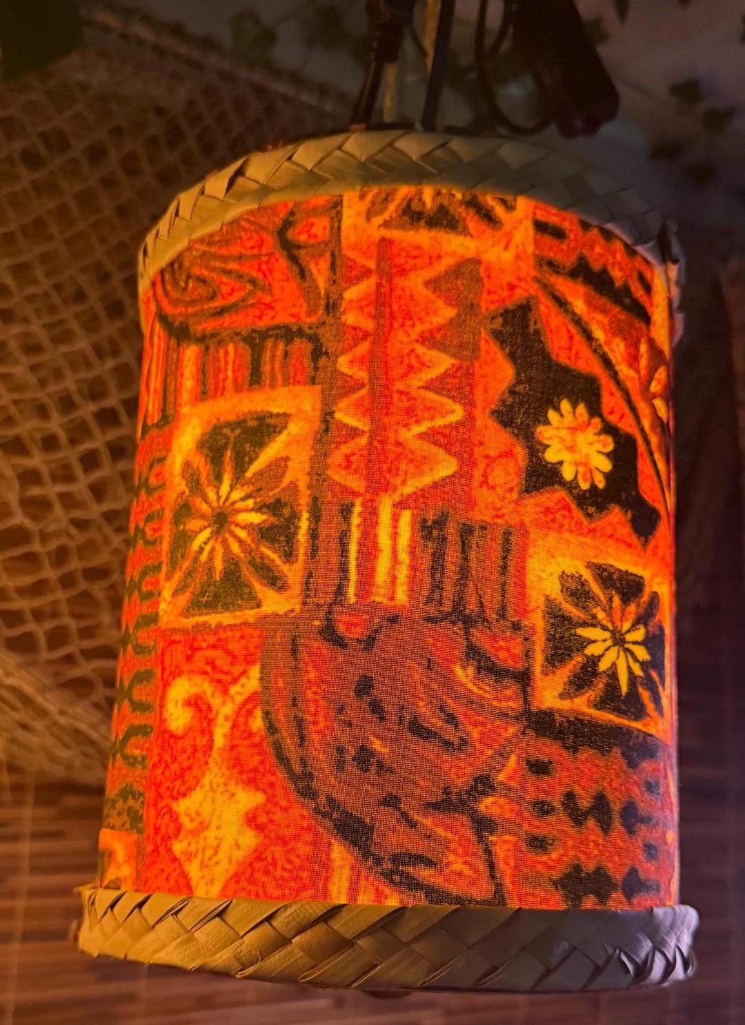 Mini Hanging Tiki Drum Lamp With Bold Tapa Pattern, and Conch Shell ...