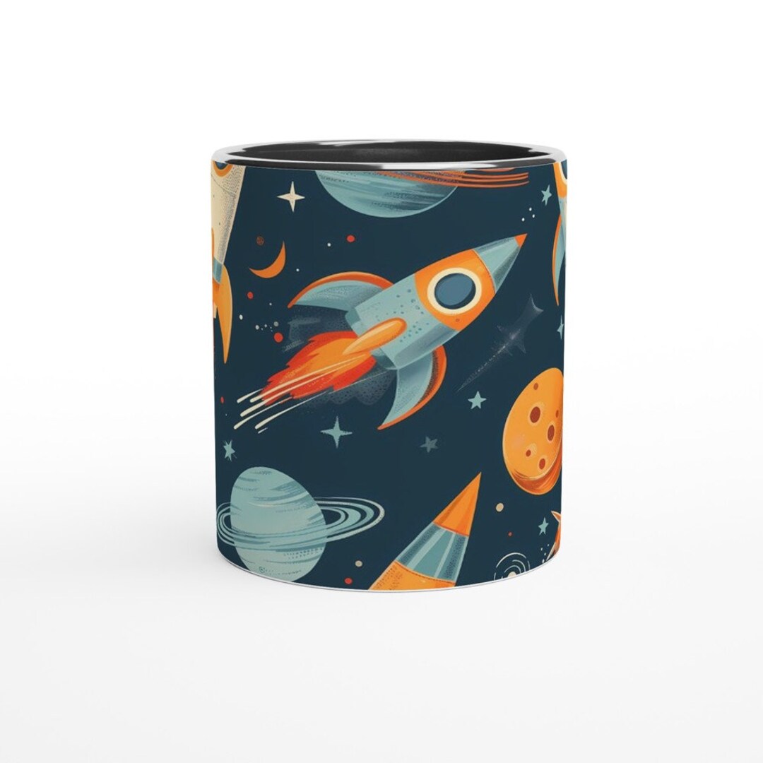 Blast off Into Space: Retro Rocket and Planets Pattern White 11oz ...