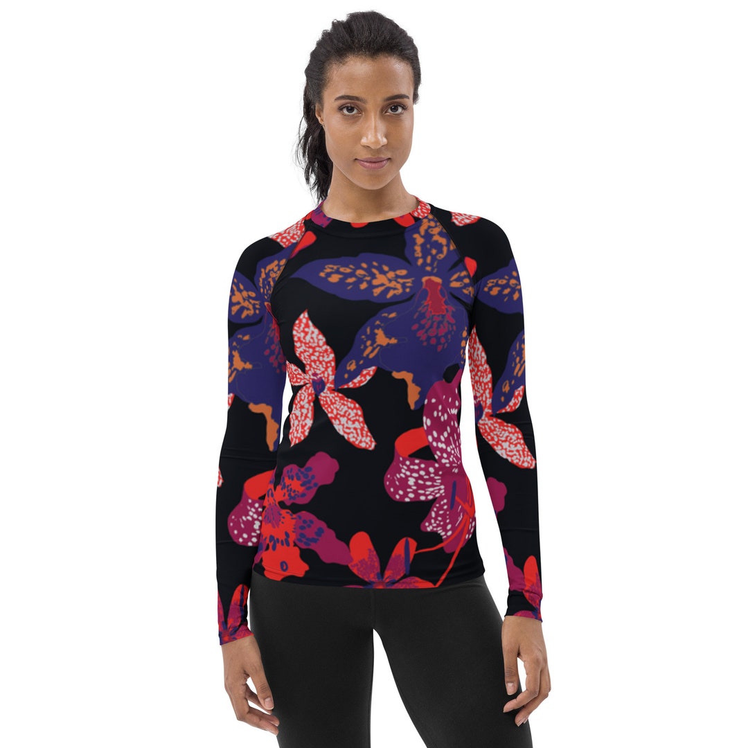 Red, Blue Flowers Women's Rash Guard, Coverup, Soft, Stretchy, Dries ...