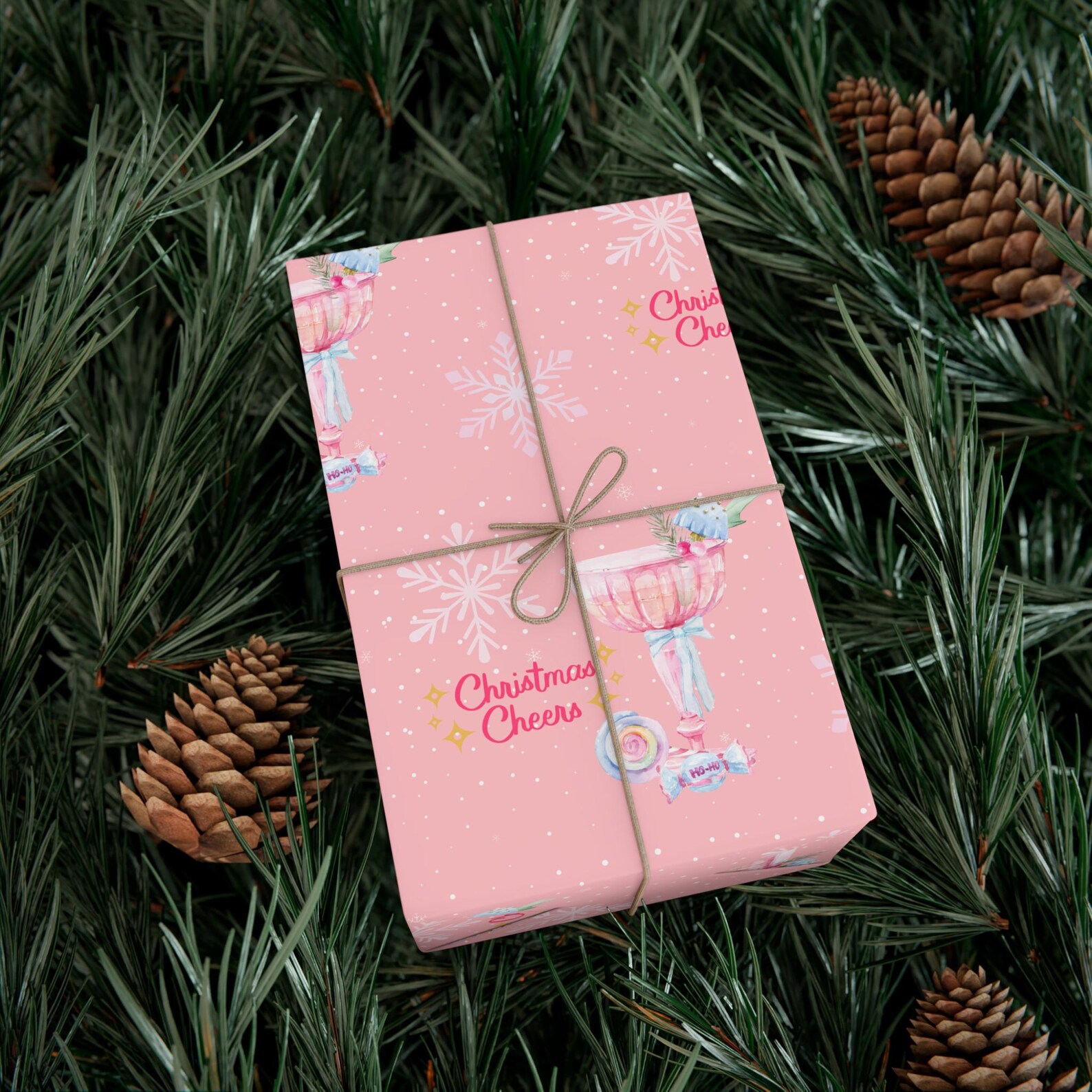 Pastel Pink Christmas Wrapping Paper Festive Cocktail Design for a Fun ...