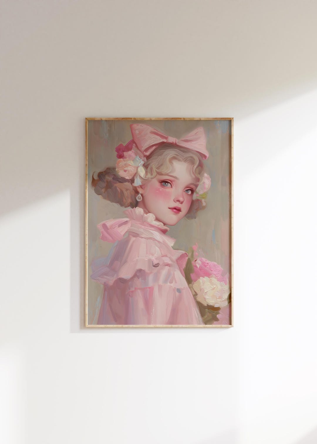 Vintage Pastel Flower Girl Art Print, Romantic Cottagecore Wall Decor ...