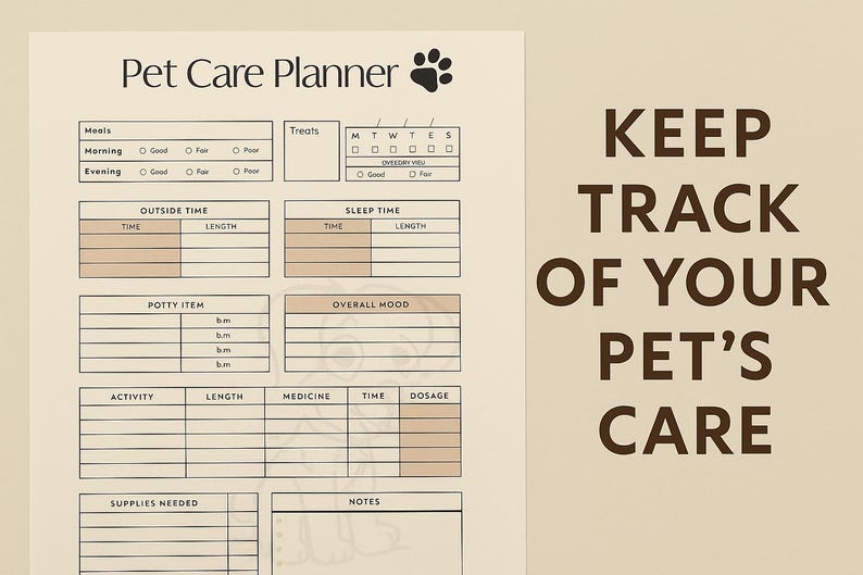 Pet Care Planner Printable | Daily Pet Log Sheet | Dog Cat Health ...