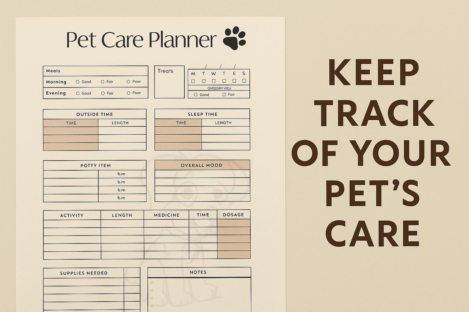 Pet Care Planner Printable | Daily Pet Log Sheet | Dog Cat Health ...