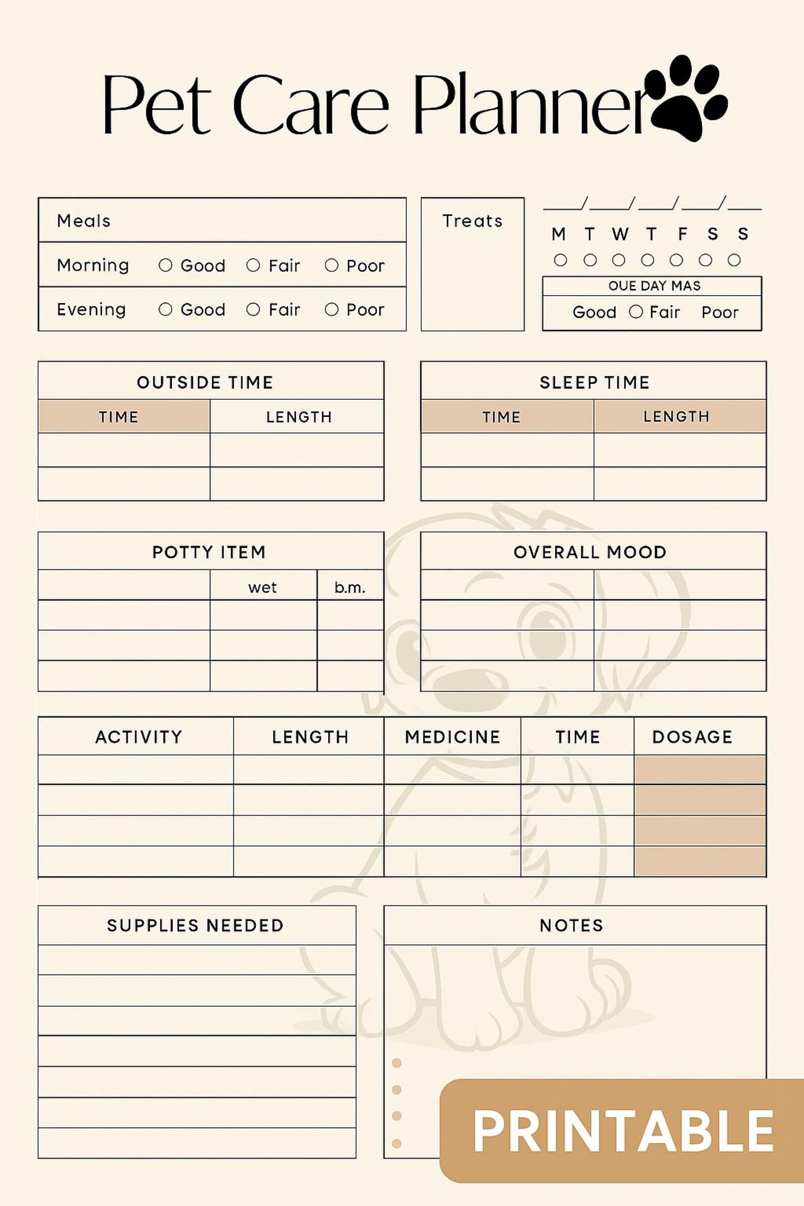 Pet Care Planner Printable | Daily Pet Log Sheet | Dog Cat Health ...