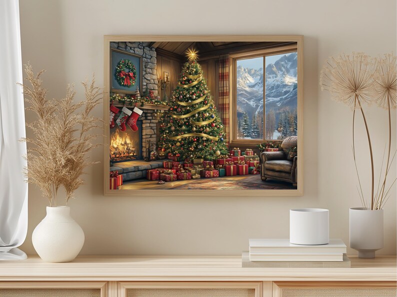 Cozy Christmas Cabin Scene Printable Digital Art Featuring a Festive ...
