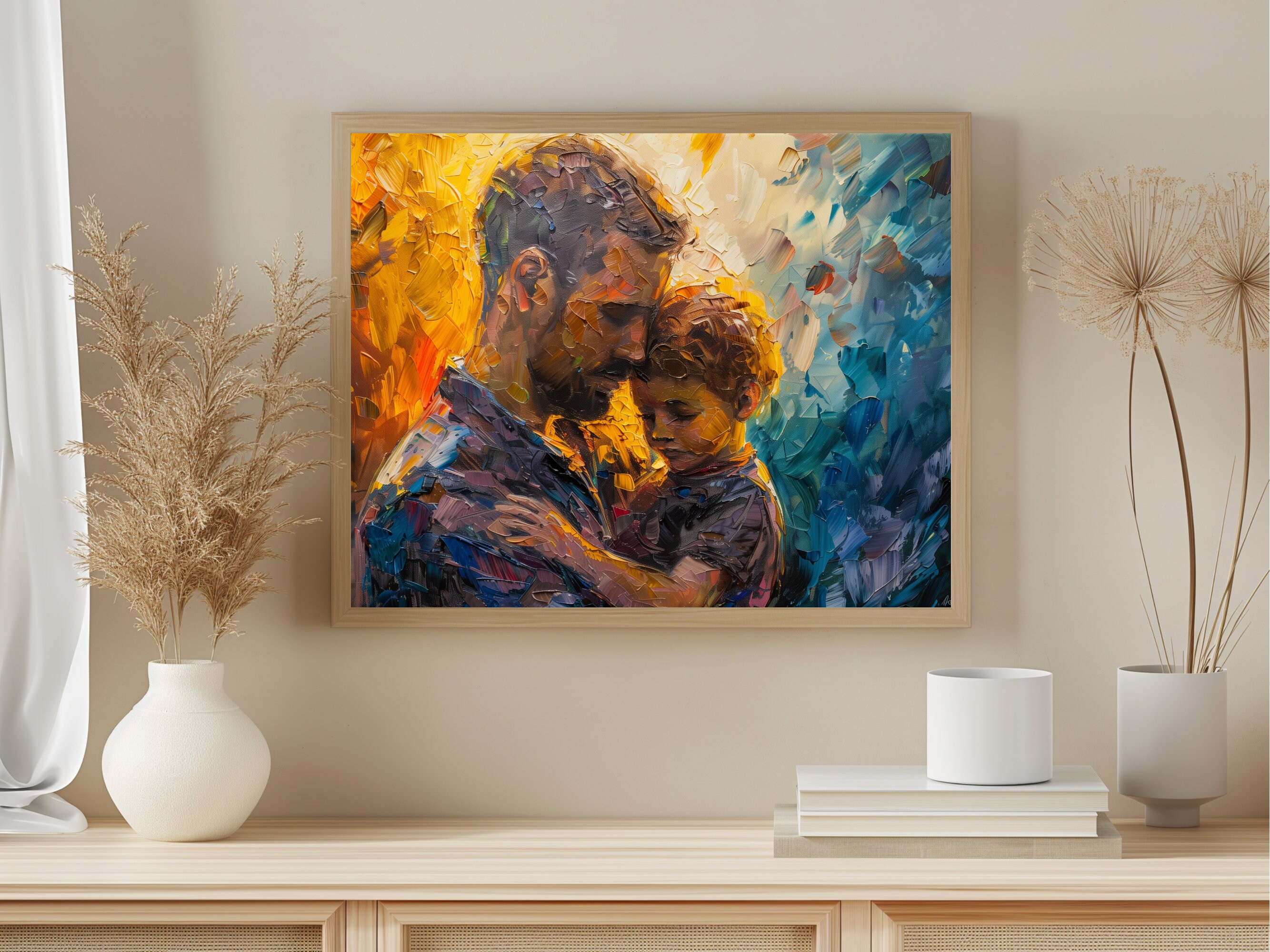 Printable Golden Embrace: Father and Son Impressionist Oil Painting ...