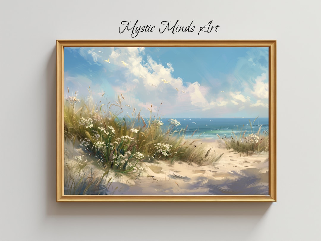 Printable Beach Scene: Tall Grasses, White Flowers, Sand Dunes Leading ...