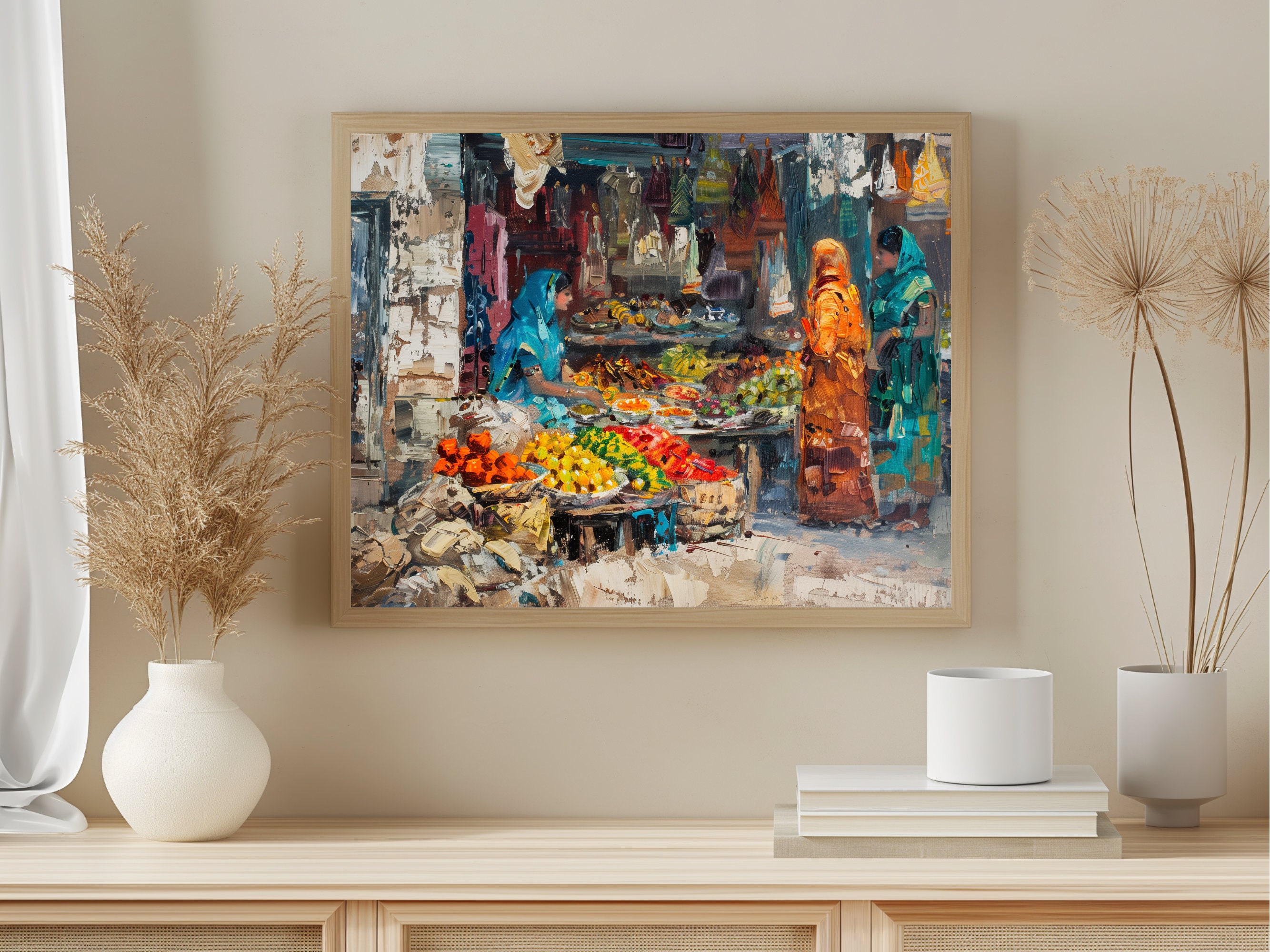 Vibrant Bazaar: Colors of India. Stunning Oil Painting of Indian Street ...