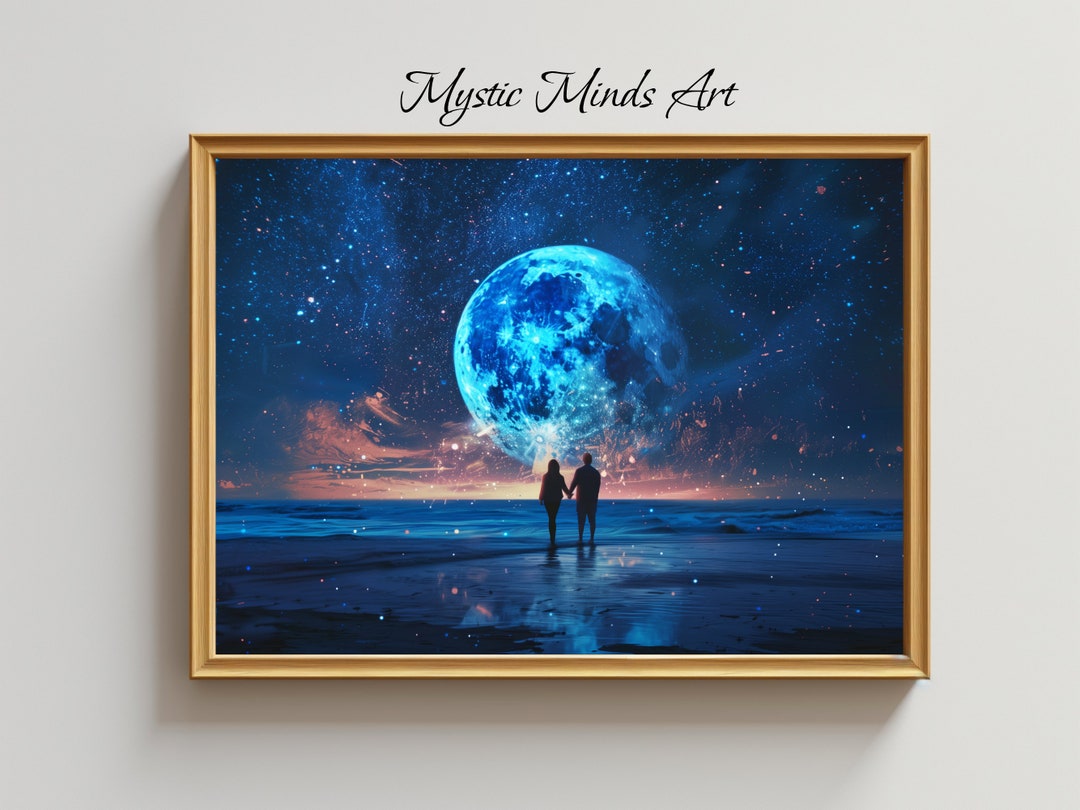 Printable Celestial Romance Beach Scene: A Couple Holding Hands on the ...