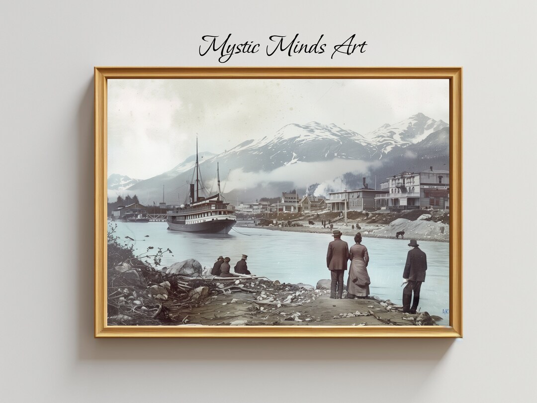 Printable Vintage Alaskan Townscape. Early Alaskan Town With Citizens ...