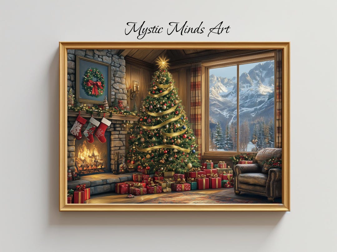 Cozy Christmas Cabin Scene Printable Digital Art Featuring a Festive ...