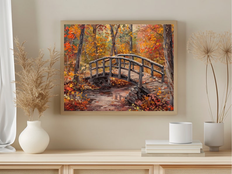 Autumn Serenity: A Bridge Amidst Nature's Palette. Oil Painting of an ...
