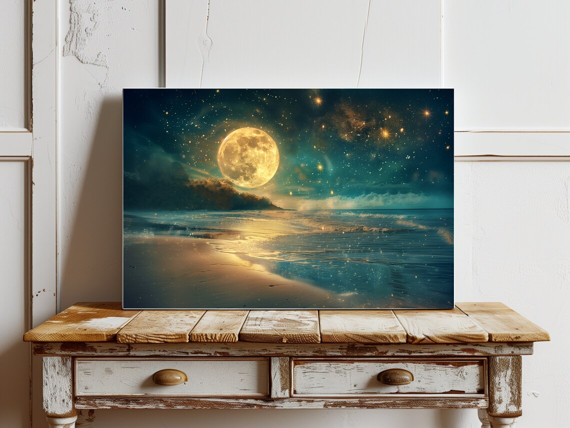 Printable Magical Full Moon Beach Scene: Fantasy Beach Under the Full ...