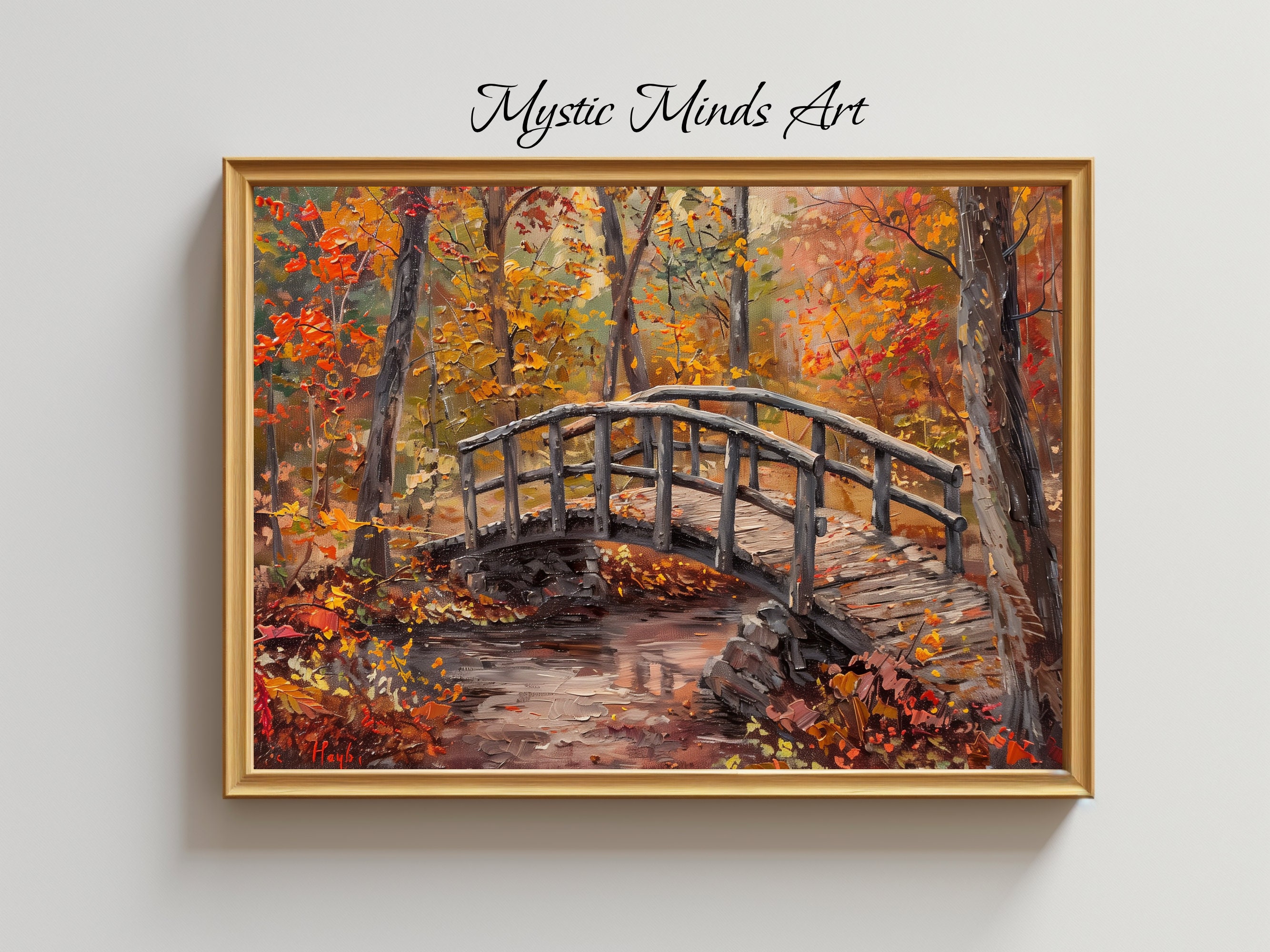 Autumn Serenity: A Bridge Amidst Nature's Palette. Oil Painting of an ...