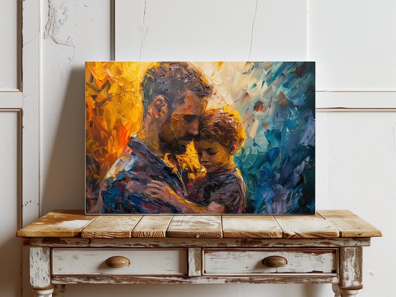 Printable Golden Embrace: Father and Son Impressionist Oil Painting ...